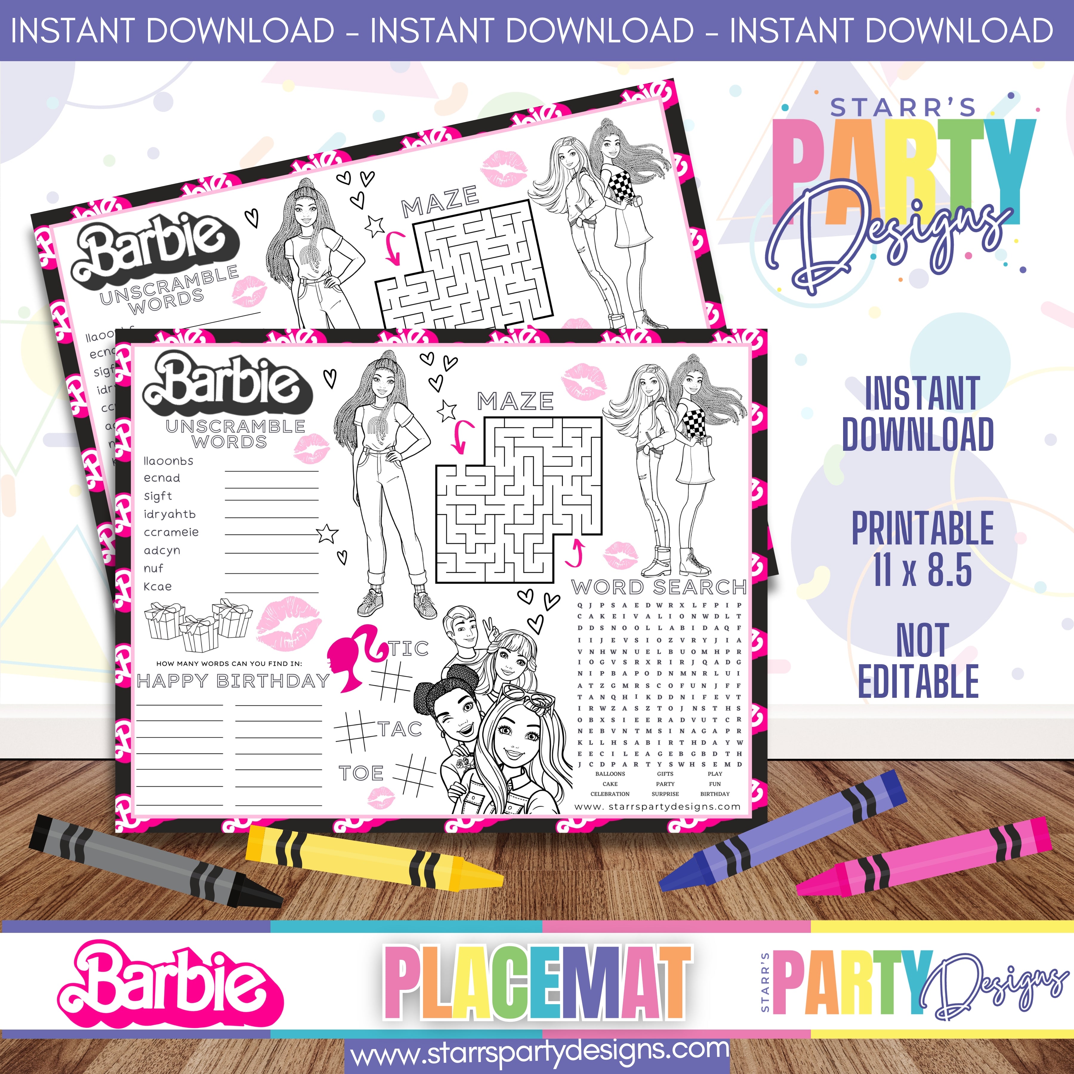 PLACEMAT ACTIVITY SHEET | PINK BARBIE A1 – Starr's Party Designs