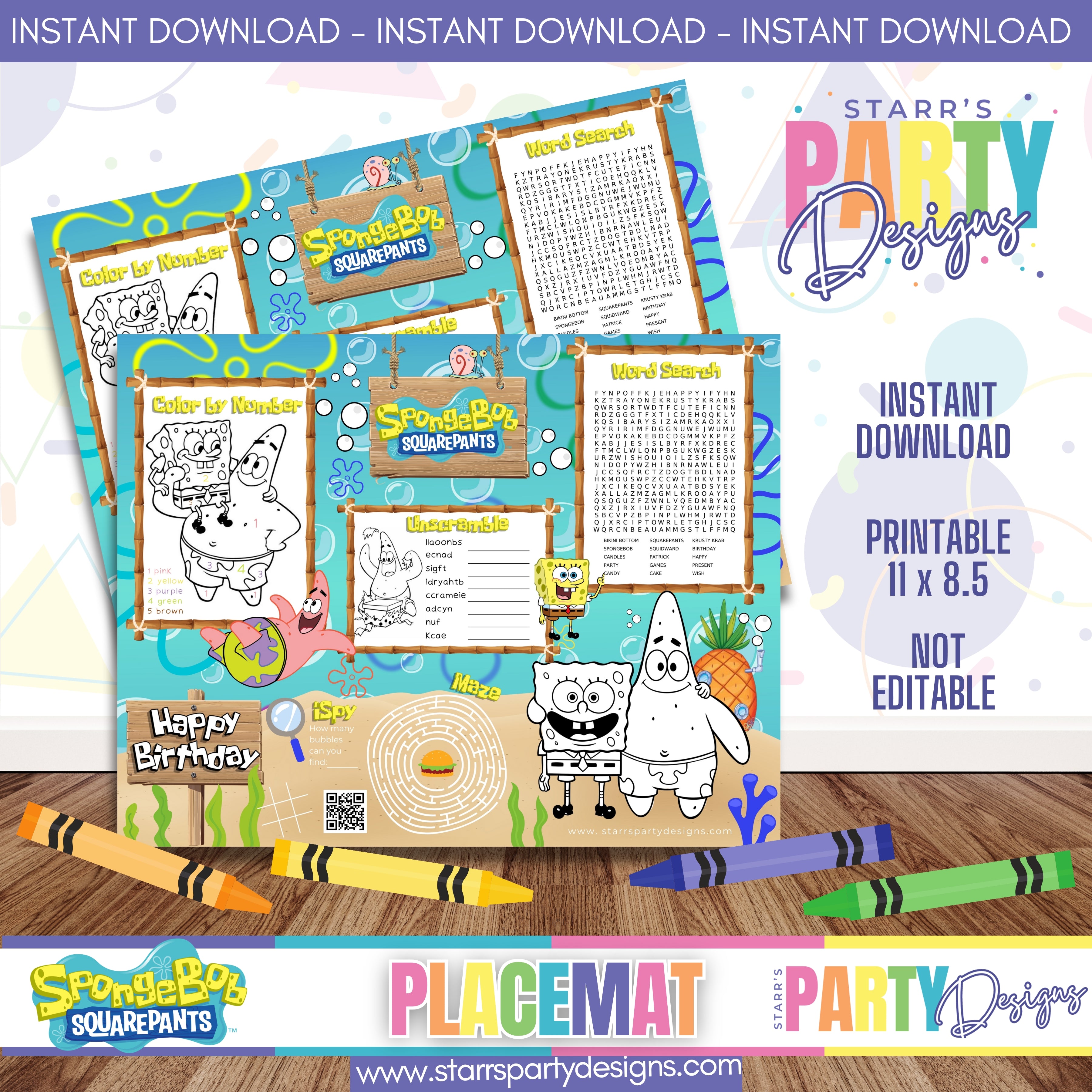 PLACEMAT ACTIVITY SHEET | SPONGEBOB DELUXE A3 – Starr's Party Designs