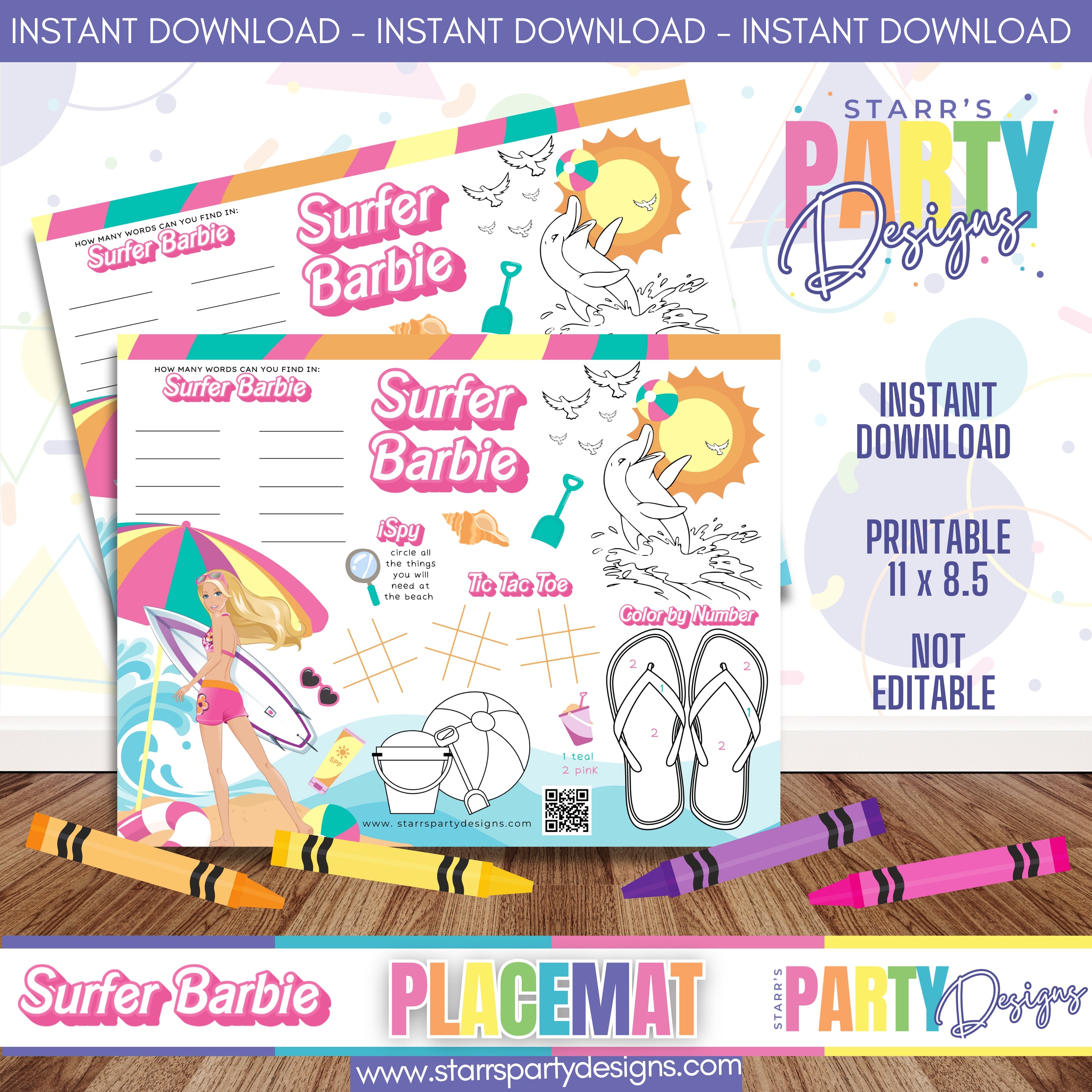 PLACEMAT ACTIVITY SHEET | SURFER BARBIE A3 – Starr's Party Designs