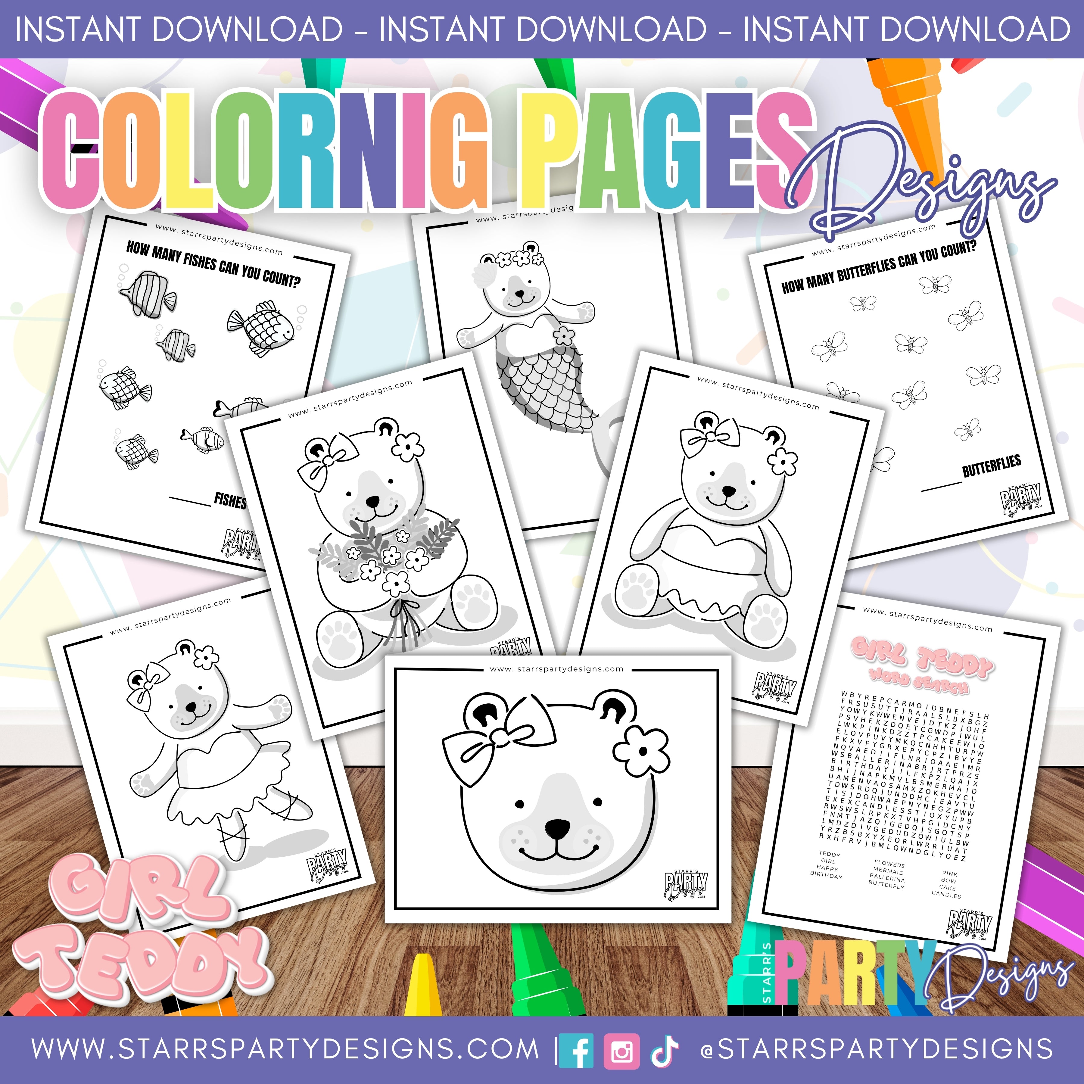 GIRL TEDDY COLORING PAGES – Starr's Party Designs