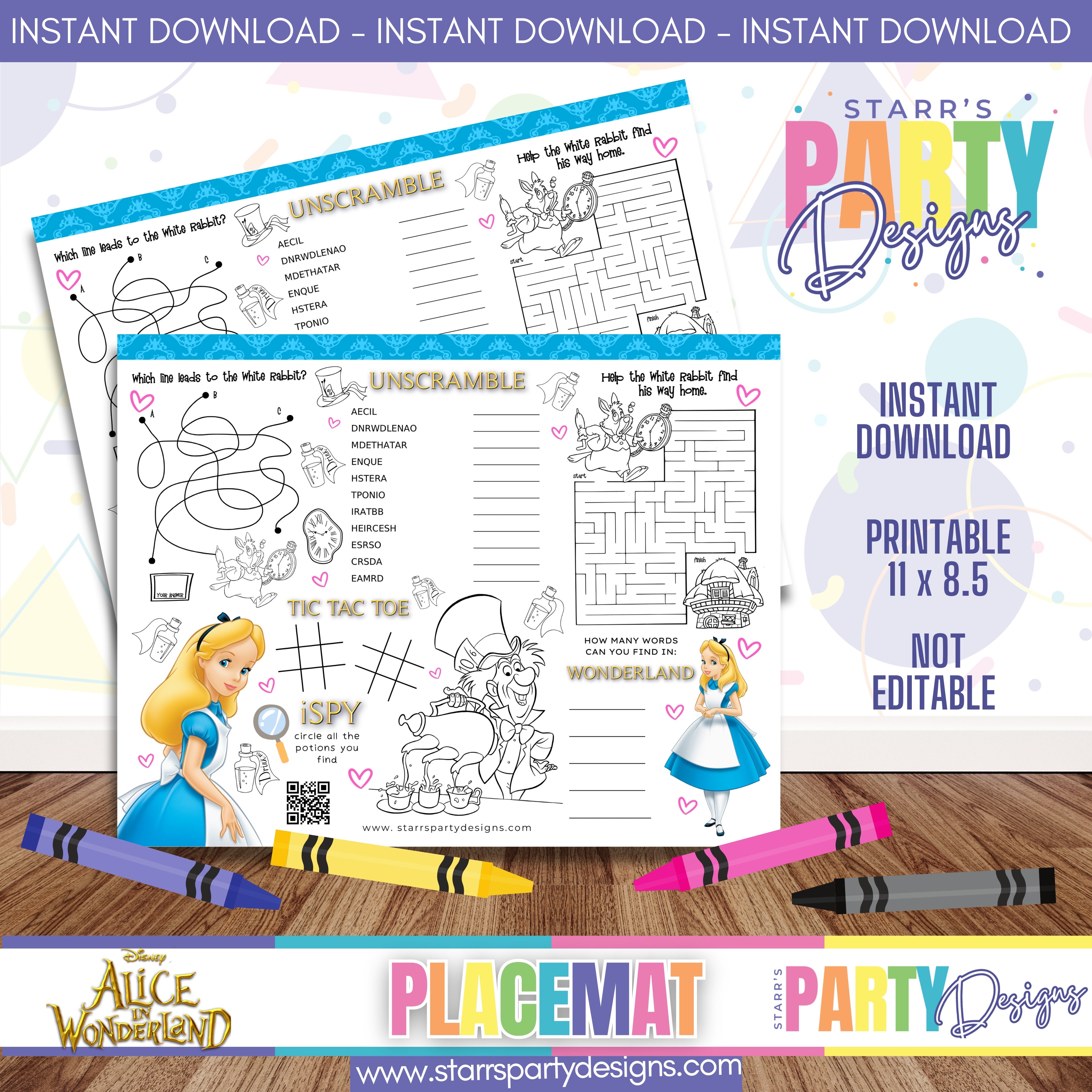 PLACEMAT ACTIVITY SHEET | ALICE IN WONDERLAND A1 – Starr's Party Designs