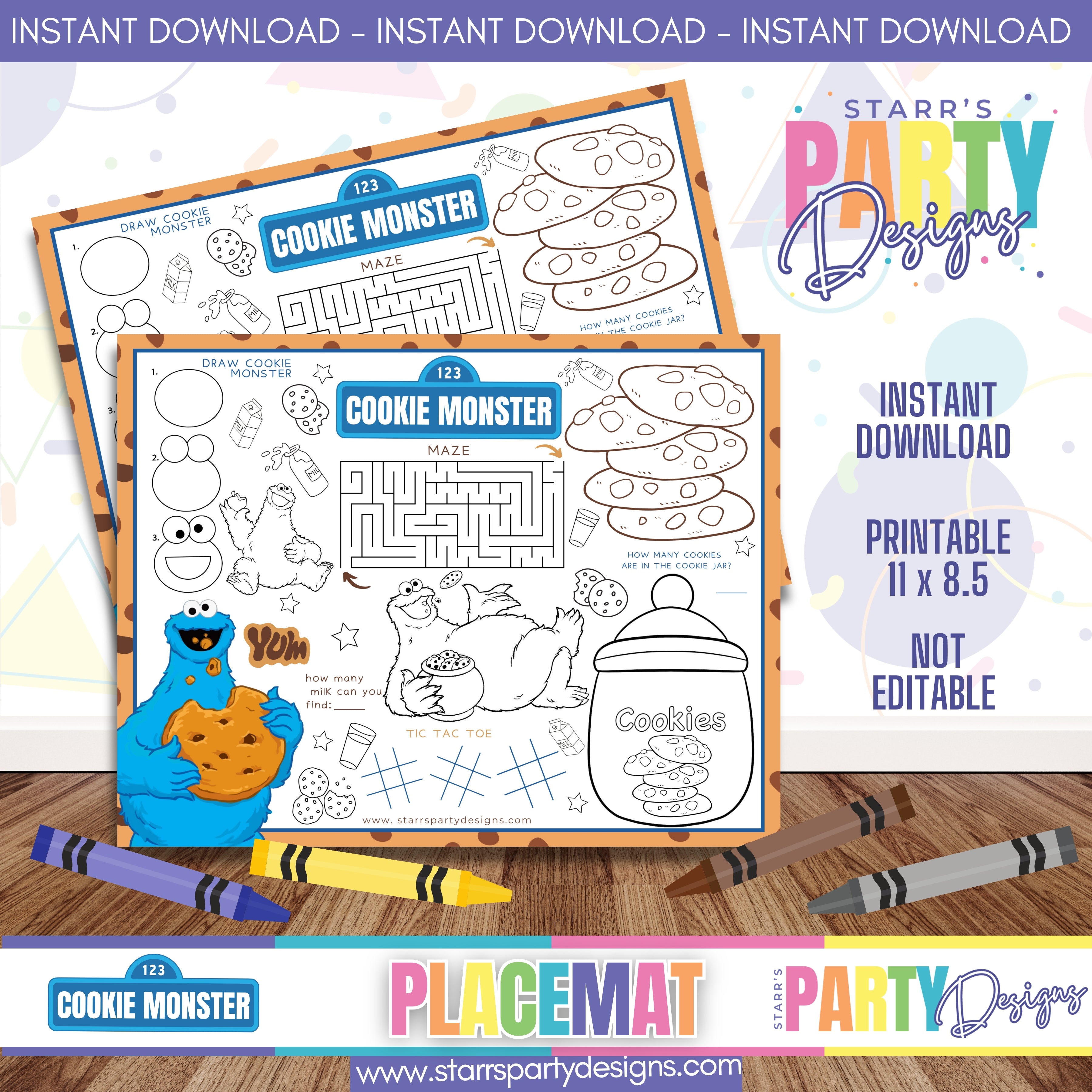 PLACEMAT ACTIVITY SHEET | COOKIE MONSTER A2 – Starr's Party Designs
