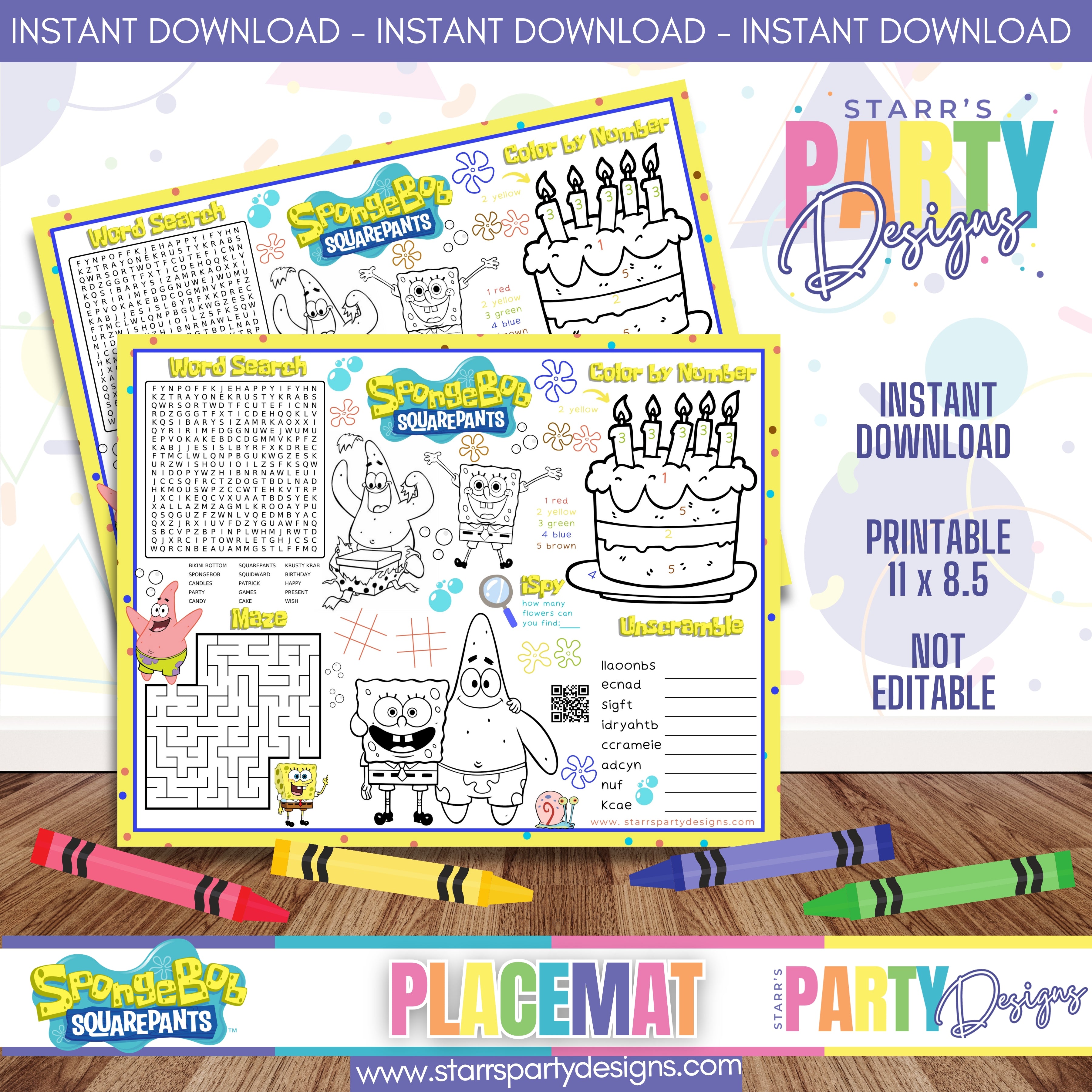 PLACEMAT ACTIVITY SHEET | SPONGEBOB DELUXE A1 – Starr's Party Designs