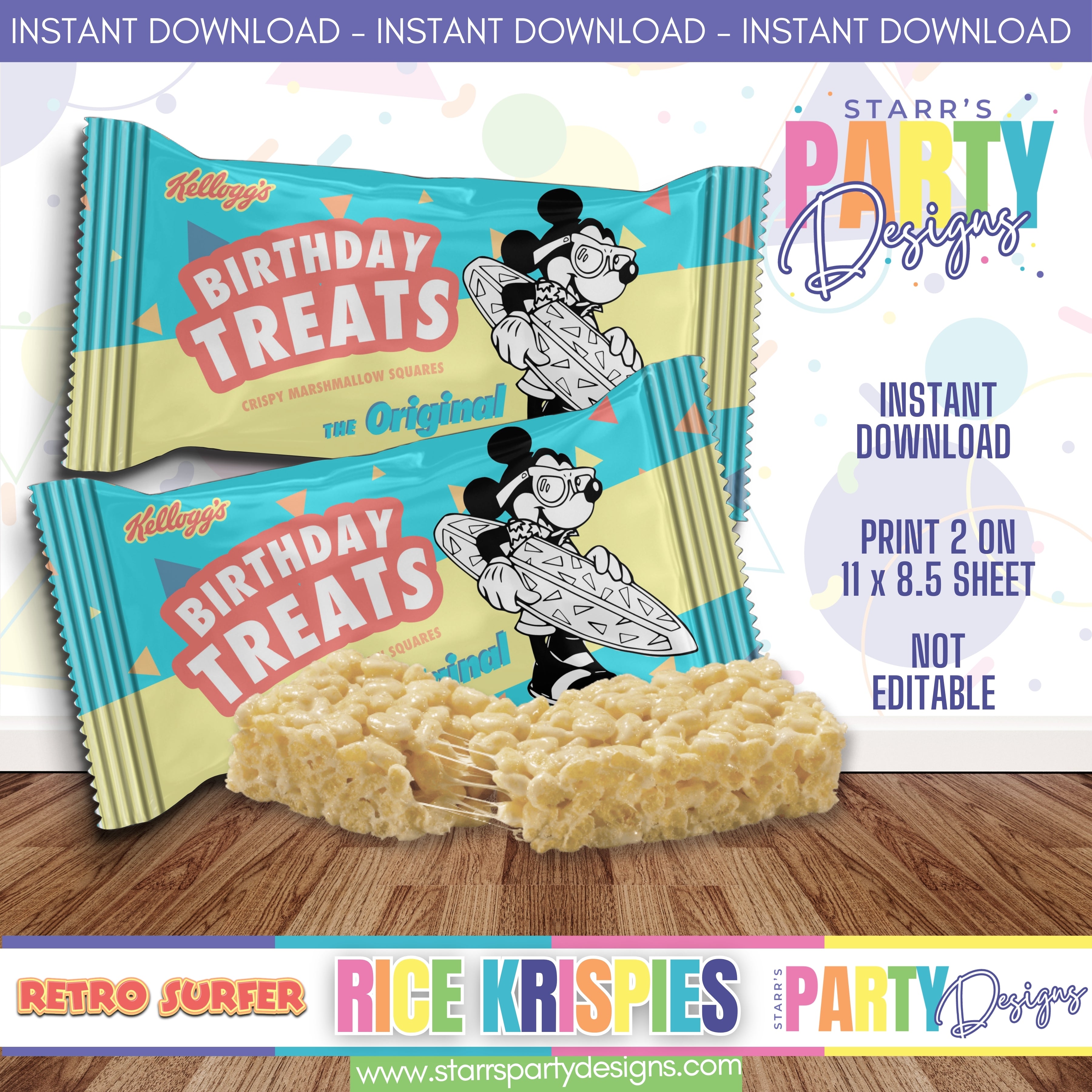 RICE KRISPIES DESIGN | RETRO SURFER MICKEY A2 – Starr's Party Designs