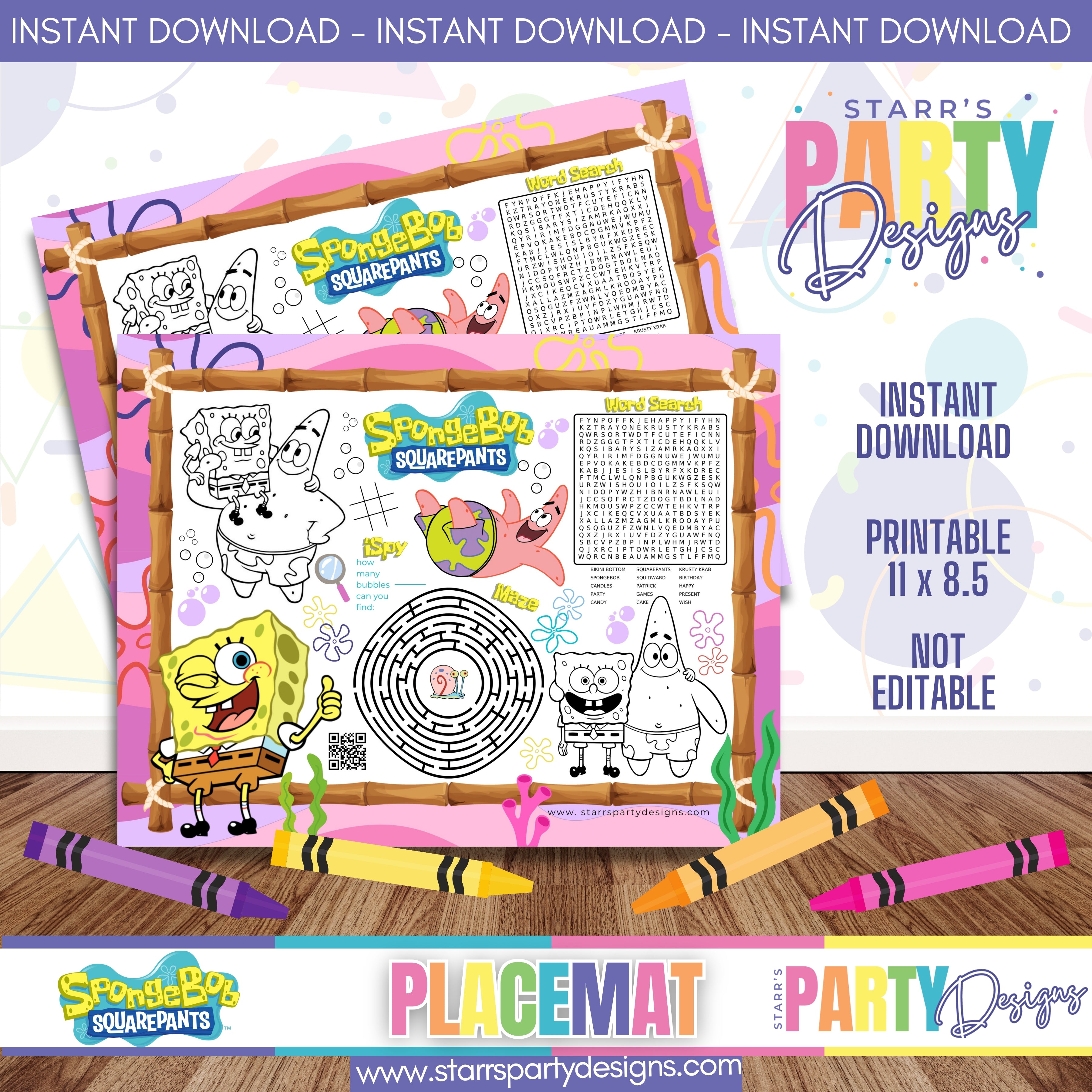 PLACEMAT ACTIVITY SHEET | SPONGEBOB GIRL A3 – Starr's Party Designs