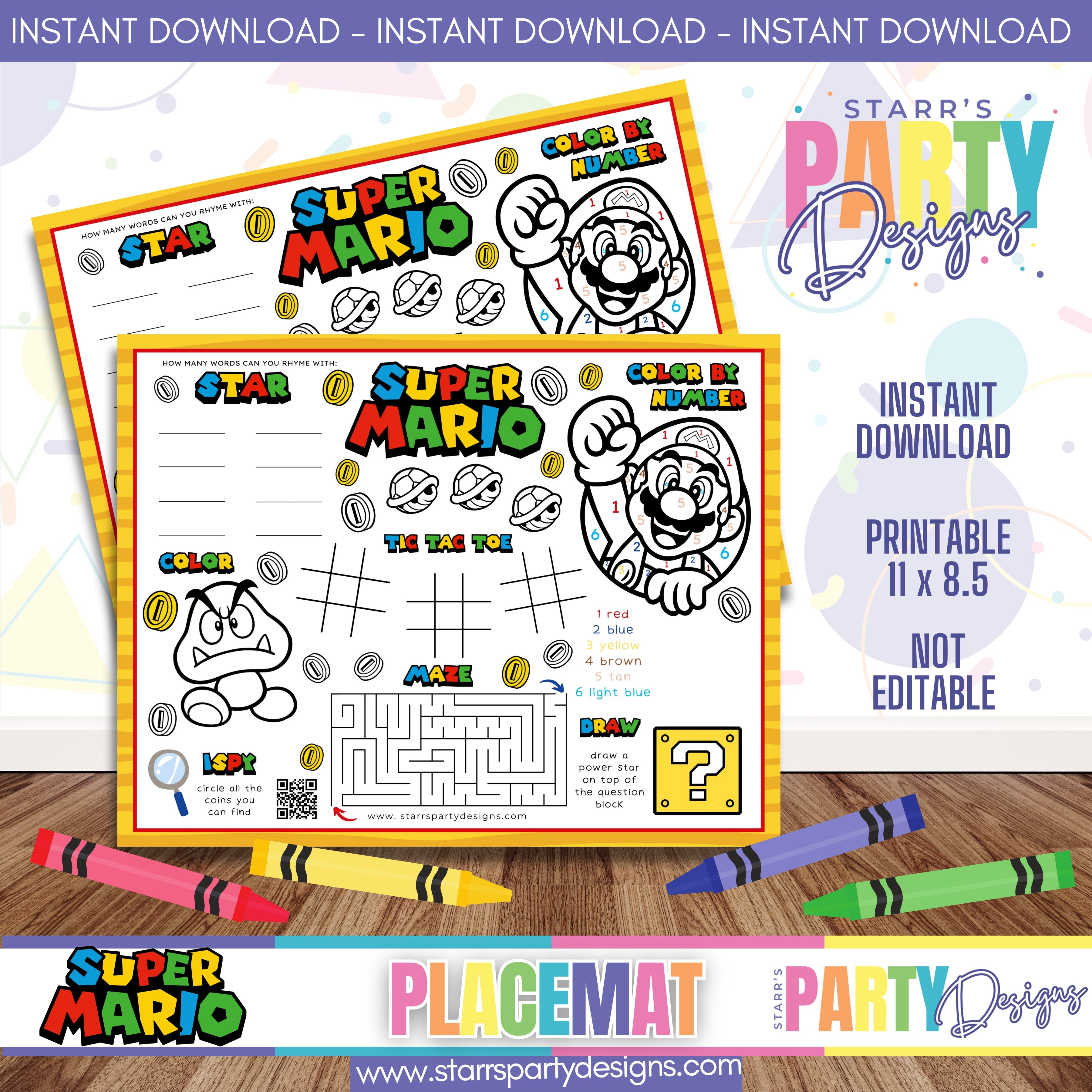 PLACEMAT ACTIVITY SHEET | SUPER MARIO BROS A2 – Starr's Party Designs