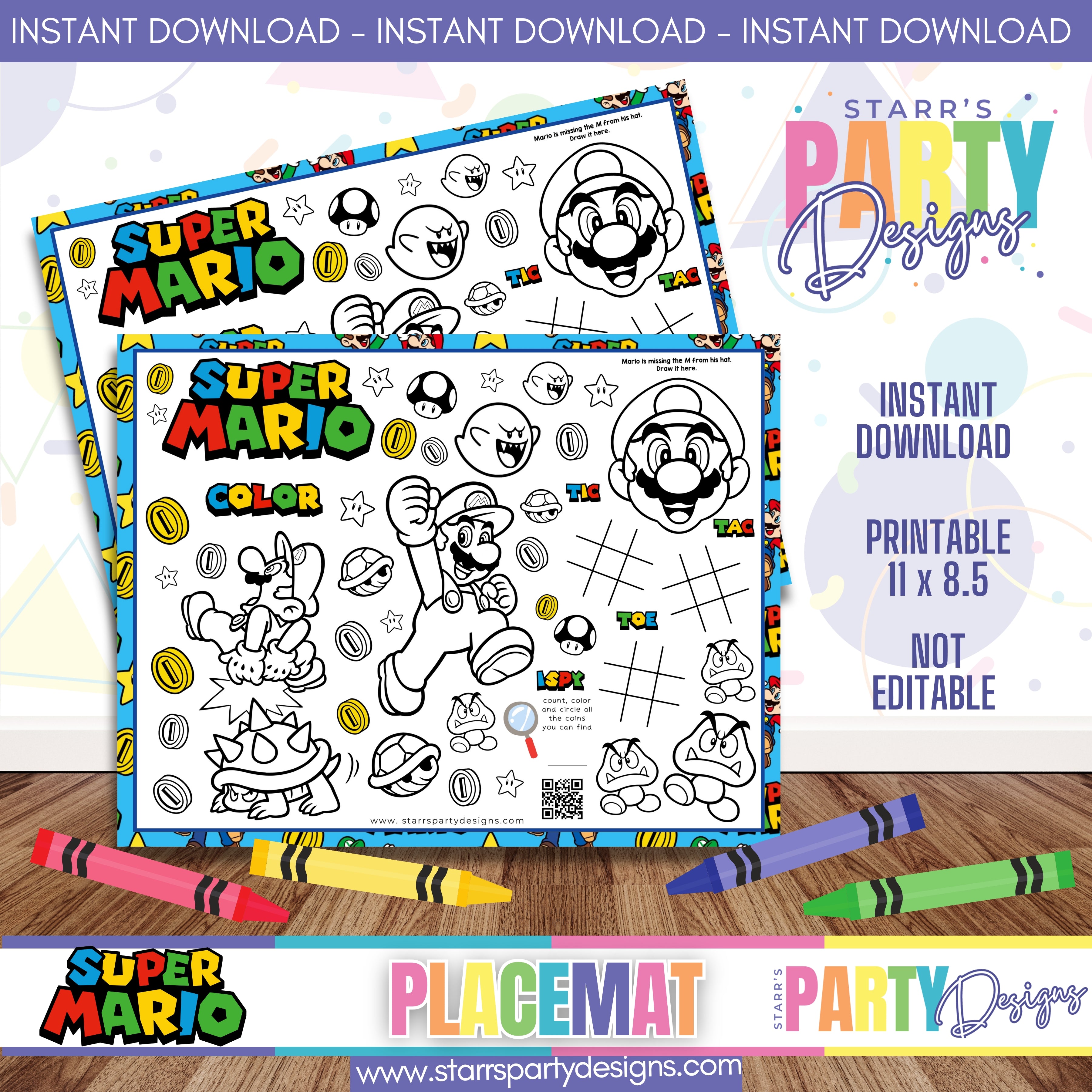 PLACEMAT ACTIVITY SHEET | SUPER MARIO BROS A3 – Starr's Party Designs