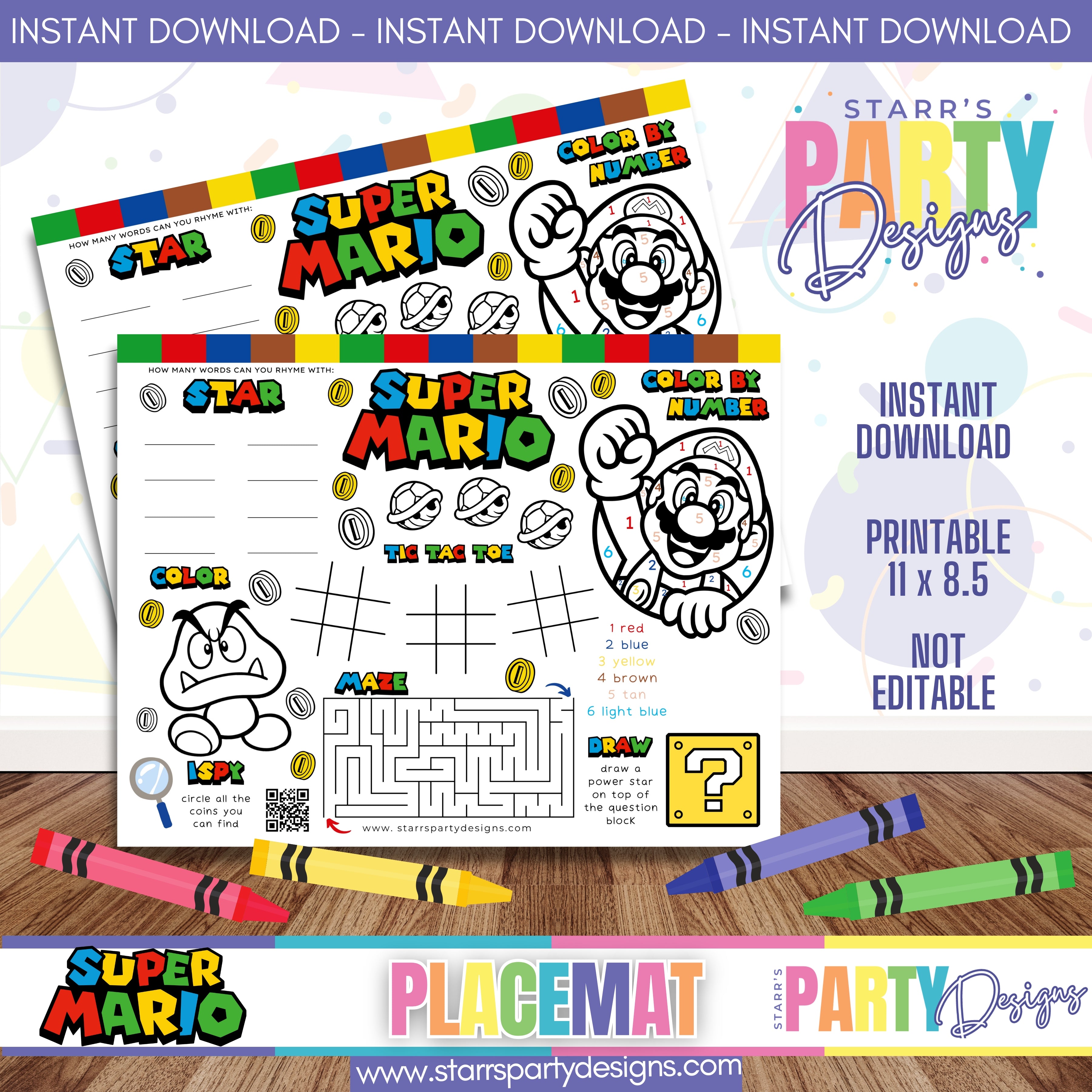 PLACEMAT ACTIVITY SHEET | SUPER MARIO BROS B1 – Starr's Party Designs