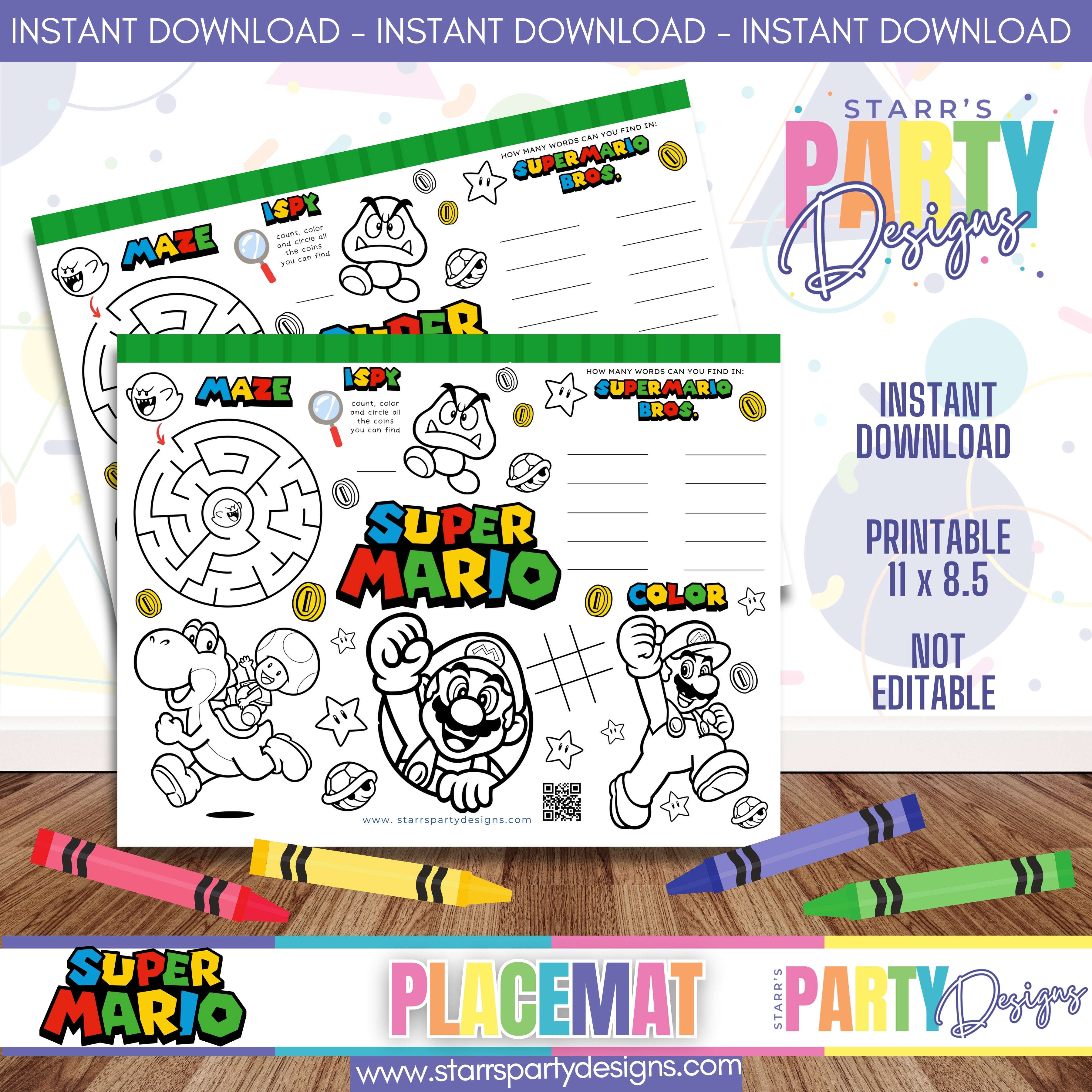 PLACEMAT ACTIVITY SHEET | SUPER MARIO BROS B2 – Starr's Party Designs