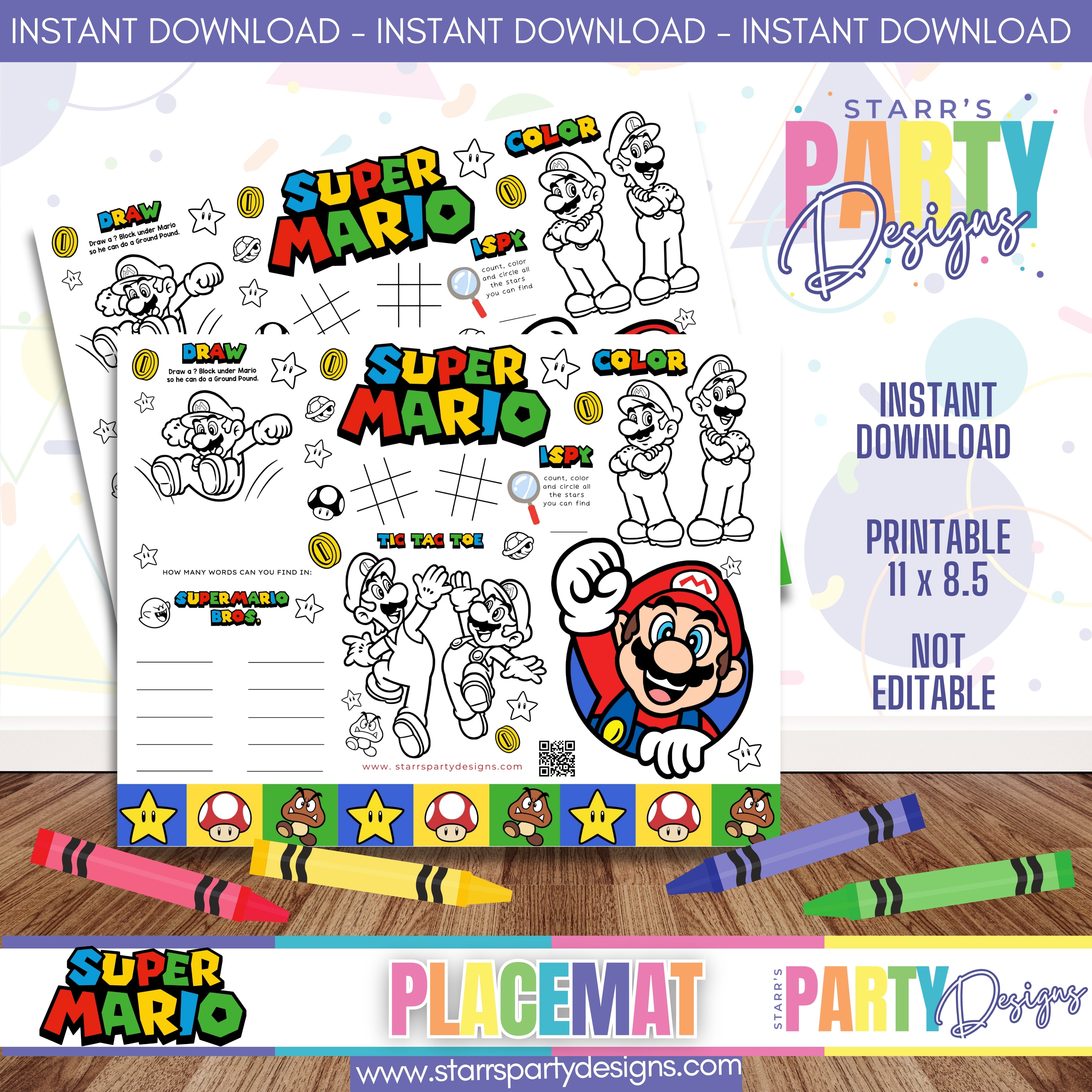 PLACEMAT ACTIVITY SHEET | SUPER MARIO BROS B3 – Starr's Party Designs