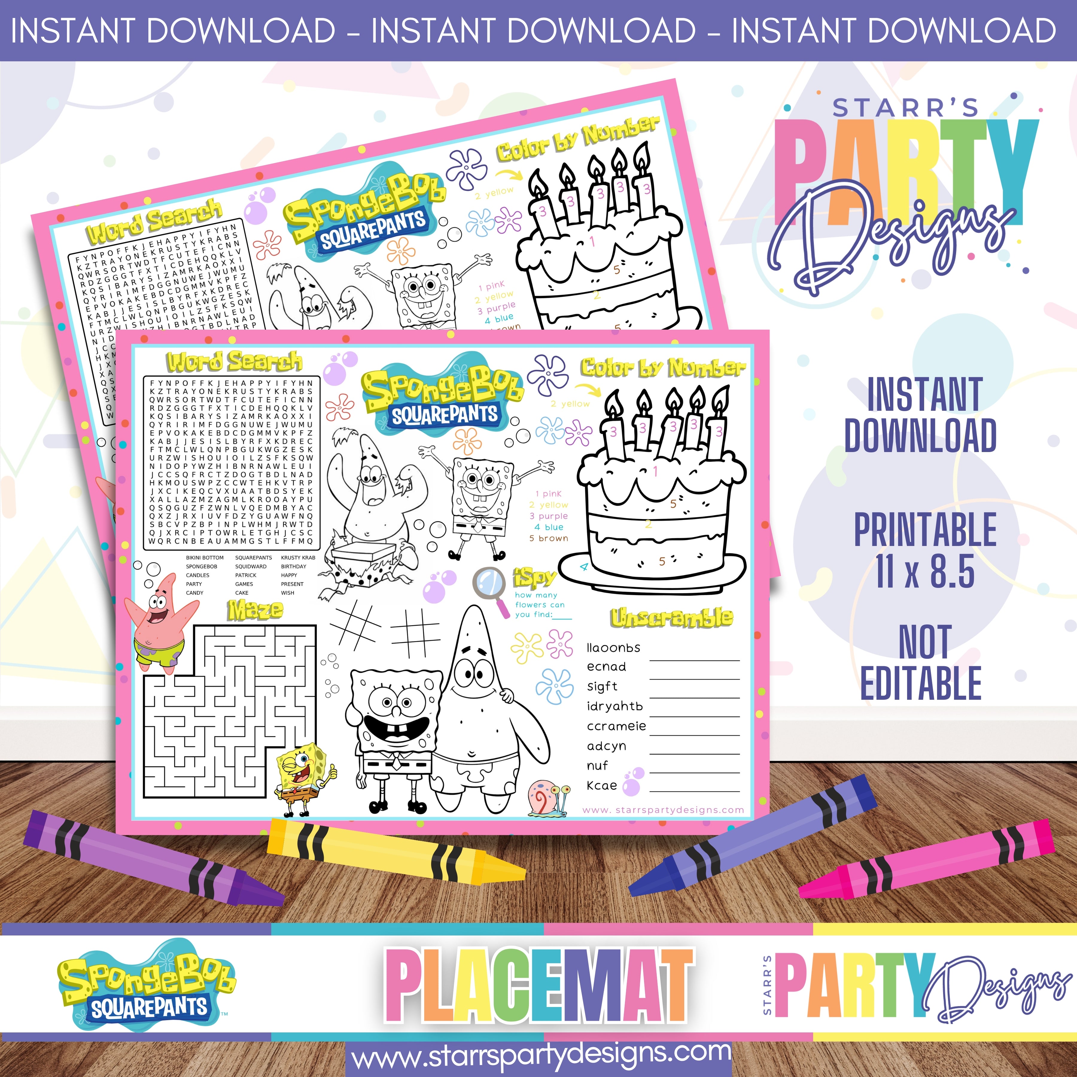 PLACEMAT ACTIVITY SHEET | SPONGEBOB GIRL A2 – Starr's Party Designs