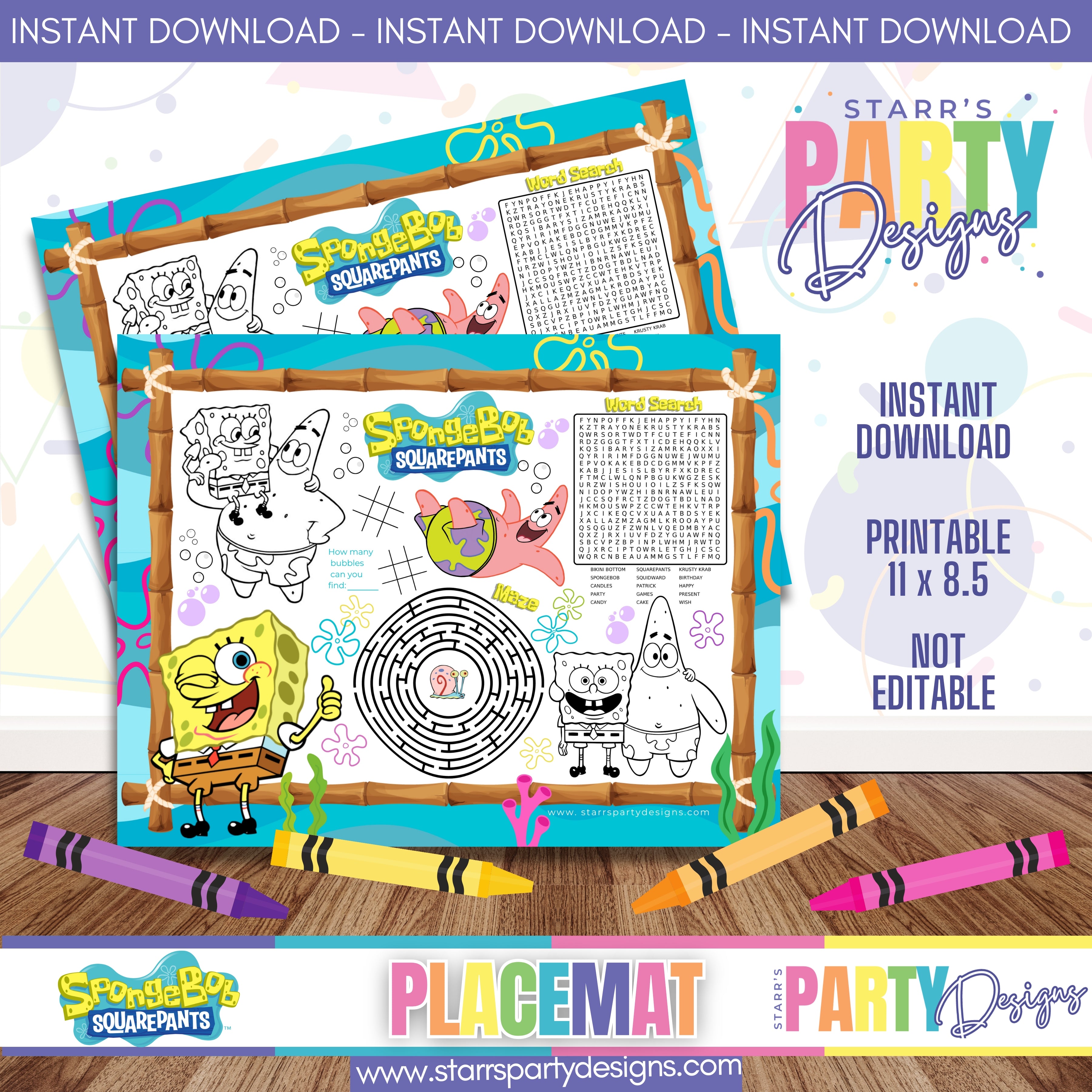 PLACEMAT ACTIVITY SHEET | SPONGEBOB GIRL A1 – Starr's Party Designs